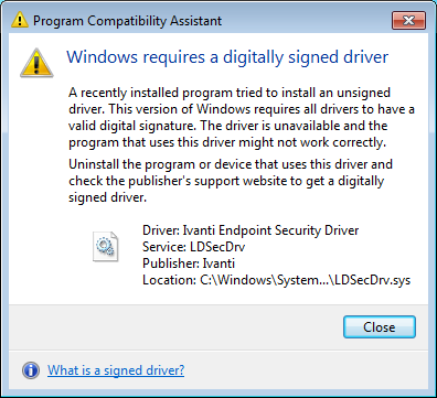 Issue: Errors regarding digital signature after installing Ivanti ...