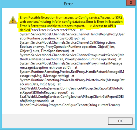 Error when Provisioning Reports - "Error: Possible Exception from ...