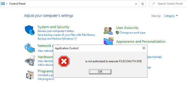 FileCoAuth.exe denied causing a delay in the launch of the Control Panel
