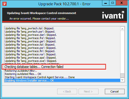 Ivanti Workspace Control agent, console or full installation upgrade fails