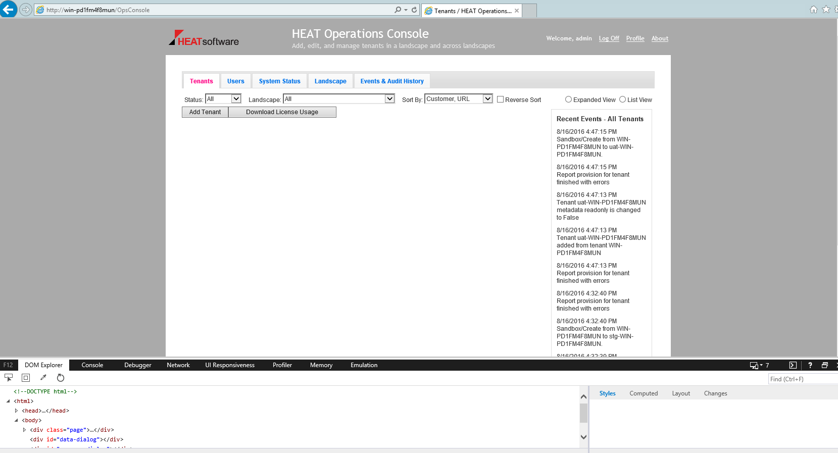 OpsConsole - Tenants tab is blank in IE11