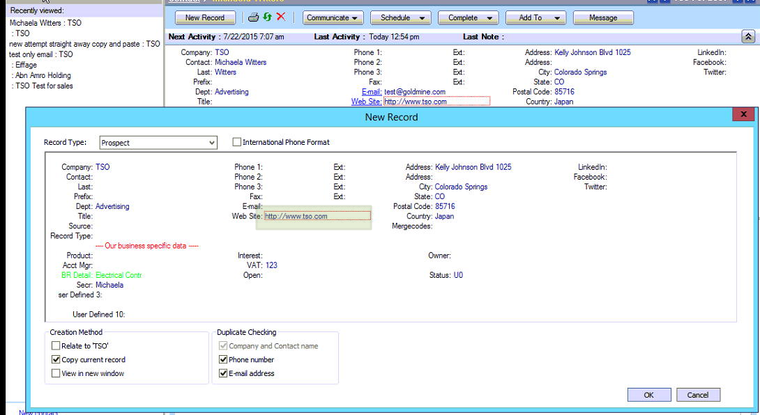 When Web Site is set as required field and copy current record is used on a new record creation ...