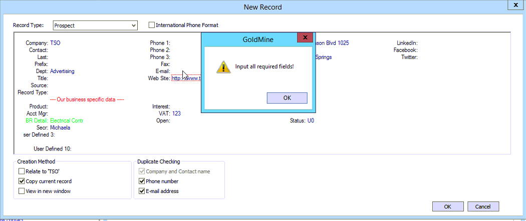 When Web Site is set as required field and copy current record is used on a new record creation ...