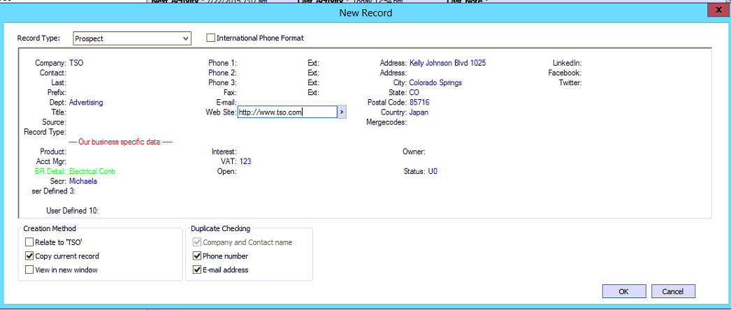 When Web Site is set as required field and copy current record is used on a new record creation ...