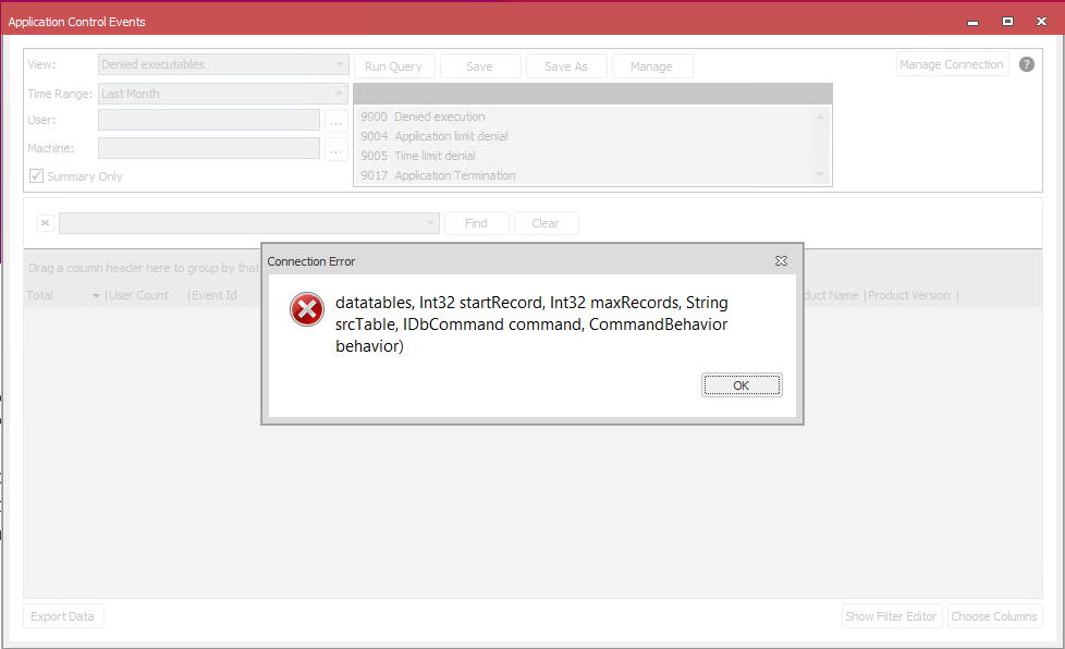 Connection error when viewing Application Control events