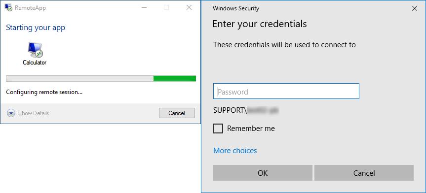 "Enter your credentials" window appears when starting a Microsoft RemoteApp