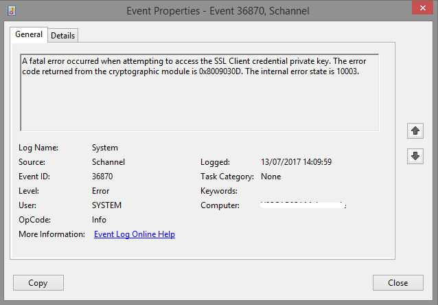 SCP login results in "Schannel" events in System event log