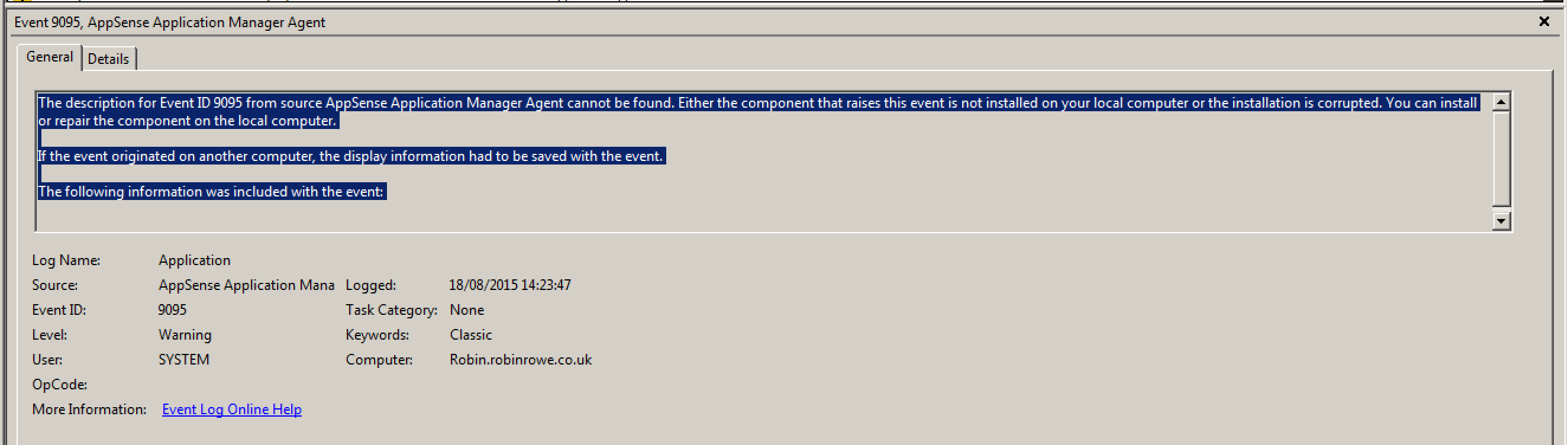 The description for Event ID (xxxx) from Source (AppSense...) cannot not be found