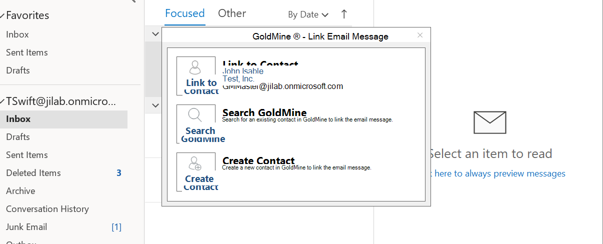 While using Outlook link, the Link Email Message window opens very ...
