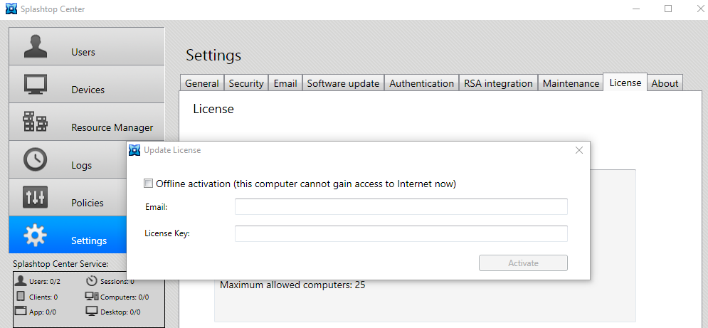 How do I Activate Splashtop/smart device remote control licenses Offline