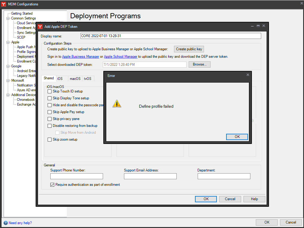 Unable to add DEP token with Error Define Profile failed