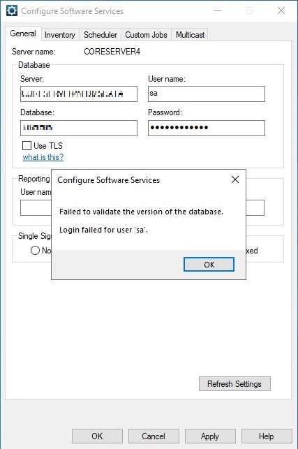 Configure Software Services Error Message: Login Failed for User ‘SA’.