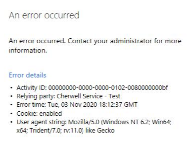 SAML login window error "An error occurred. Contact your administrator ...