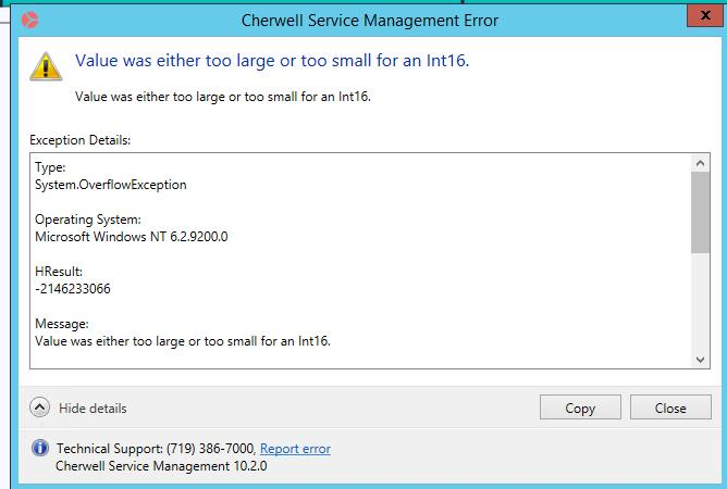 Value was either too large or too small for an Int16 - Bring to Front ...