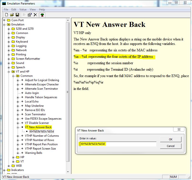 Needing to use all three characters in the octets for VT answer Back or ...