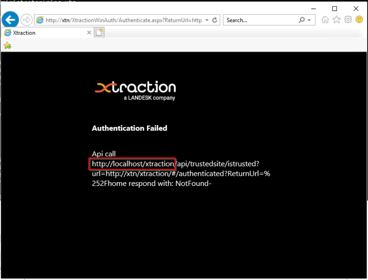 Xtraction login fails with 'Authentication Failed API call' error if hostname bindings ...