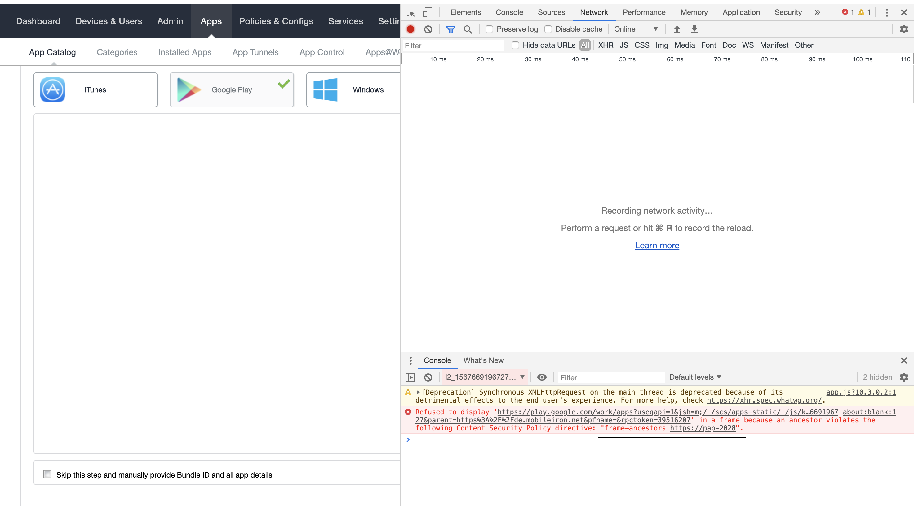 Google Play (iFrame) not loading in Core Admin Portal