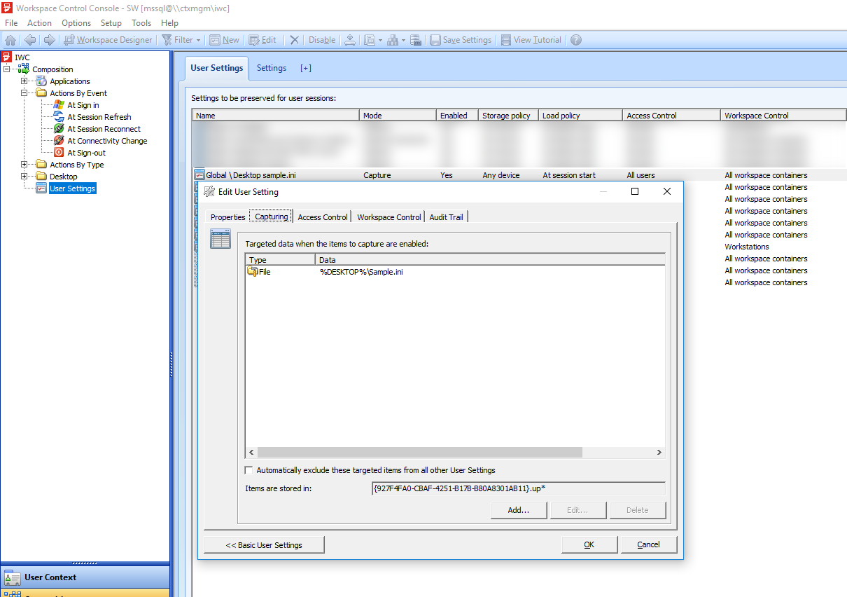 How to configure Workspace Control User Settings to be restored by a Console user