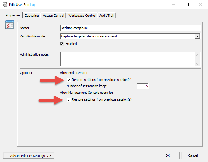 How to configure Workspace Control User Settings to be restored by a Console user