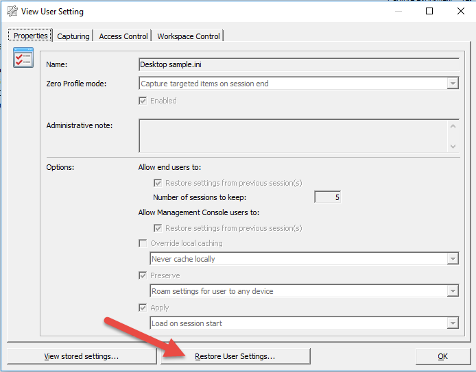 How to configure Workspace Control User Settings to be restored by a Console user