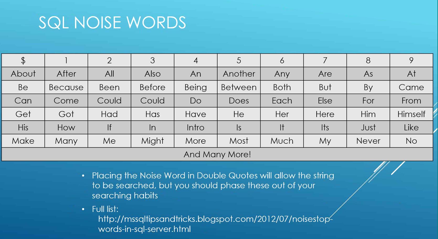 What are some SQL Noise Words?