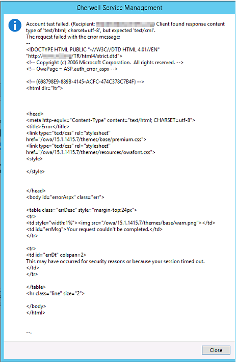Exchange email account unable to connect/login. Error message: Account ...