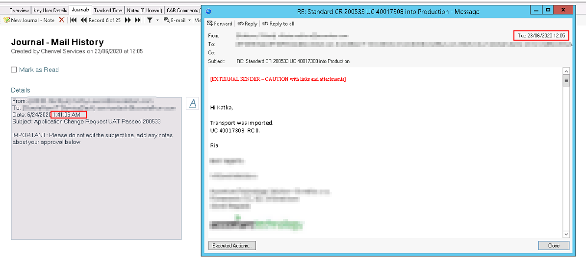 Journal Entry details and View Email information do not match.