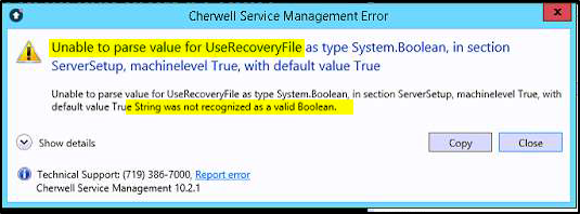 CSM Upgrade error - String was not recognized as a valid Boolean