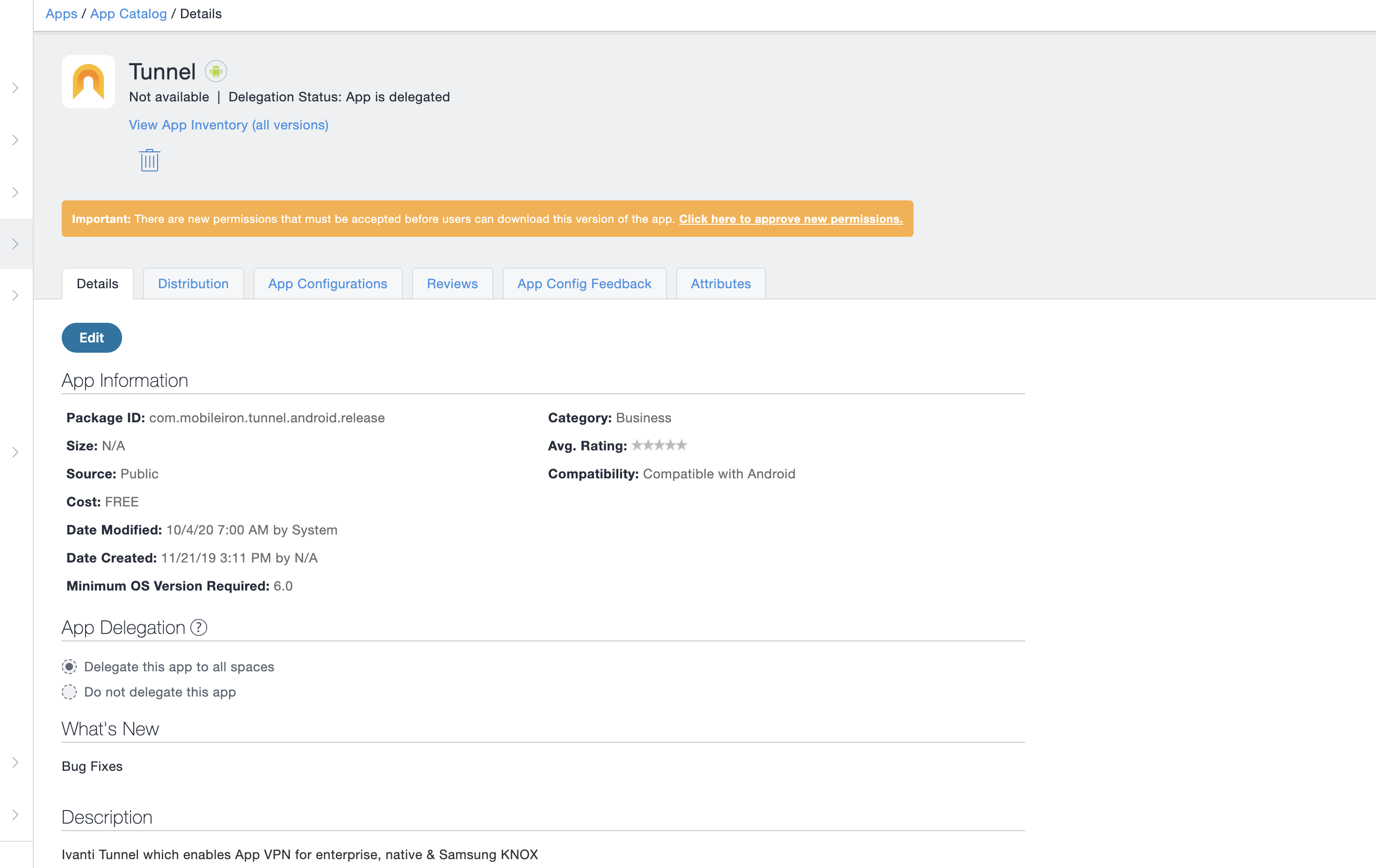 N-MDM Notification showing: New permissions from "specific application ...