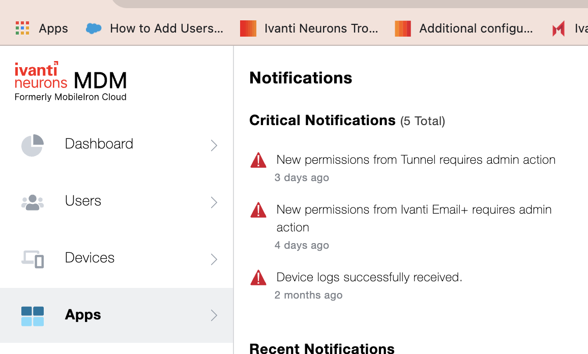 N-MDM Notification showing: New permissions from "specific application ...