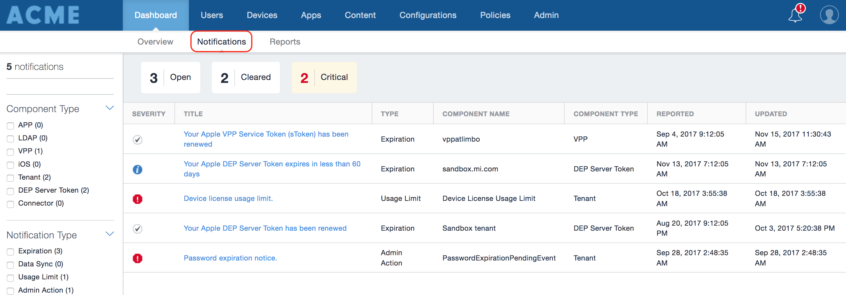 Ivanti N-MDM: Notifications