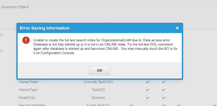 Unable to create full text search index... Data access error. Database is not fully started up ...
