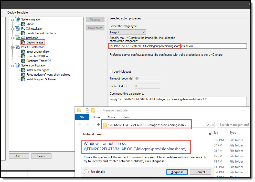 EPM OS Provisioning Capture Image or Deploy Image Action Fails
