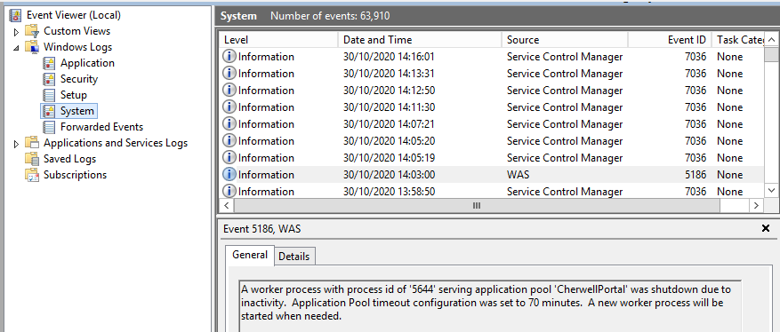 How to see when IIS/worker process was last reset