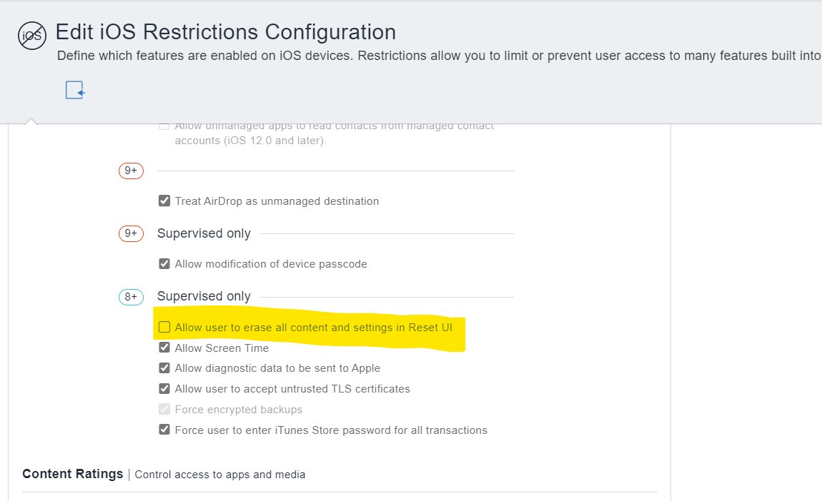 How to allow or restrict users resetting (erasing) devices manually on supervised devices
