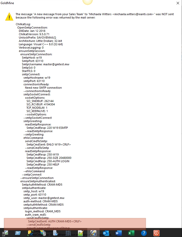 GoldMine Email - How to review the complete Chilkat Error? Chilkat error window cannot be ...