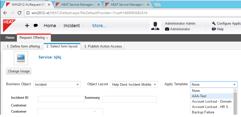 Unable to apply selfservice template to request offering