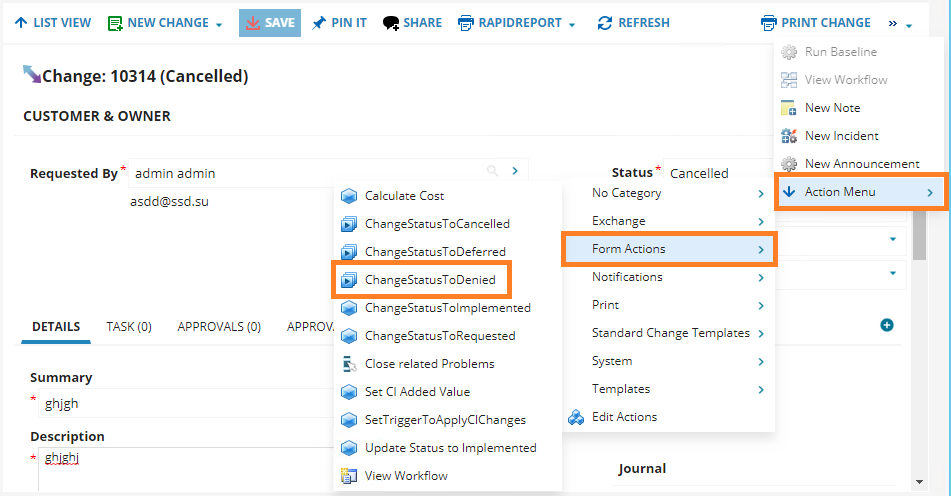 Problem / Solution: Cannot modify and save new status of Change instance.