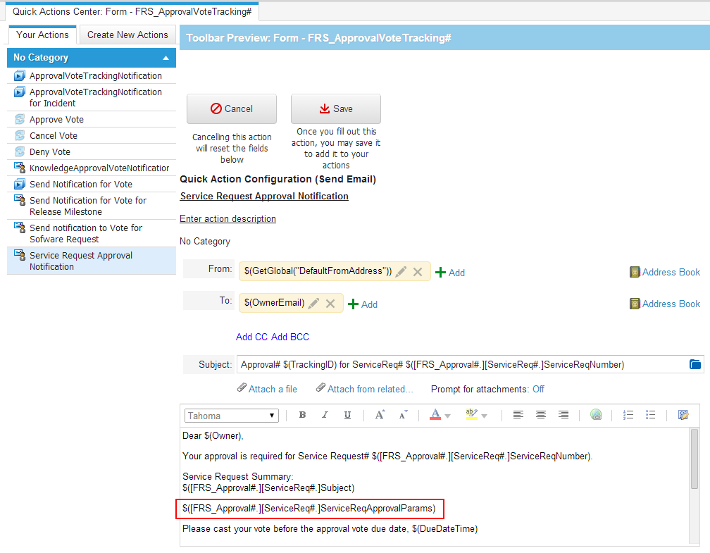 How to display the Service Request Parameters in Approval notifications