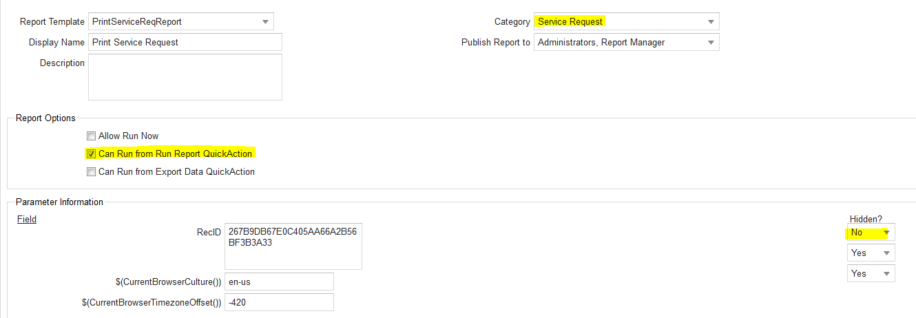 Print Service Request report and quick action