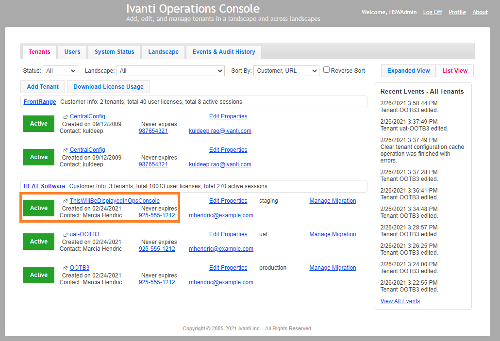 How to modify tenant link on Ops Console?