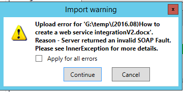 Knowledge Import tool error: Upload error for '{filepath}'. Reason - Server returned an invalid ...