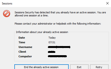 Unable to end an active user session when logging on to a new user session