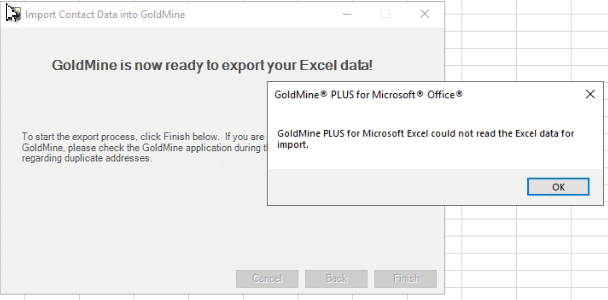 GoldMine Plus for Microsoft Office could not read the Excel data for import, although a range is ...