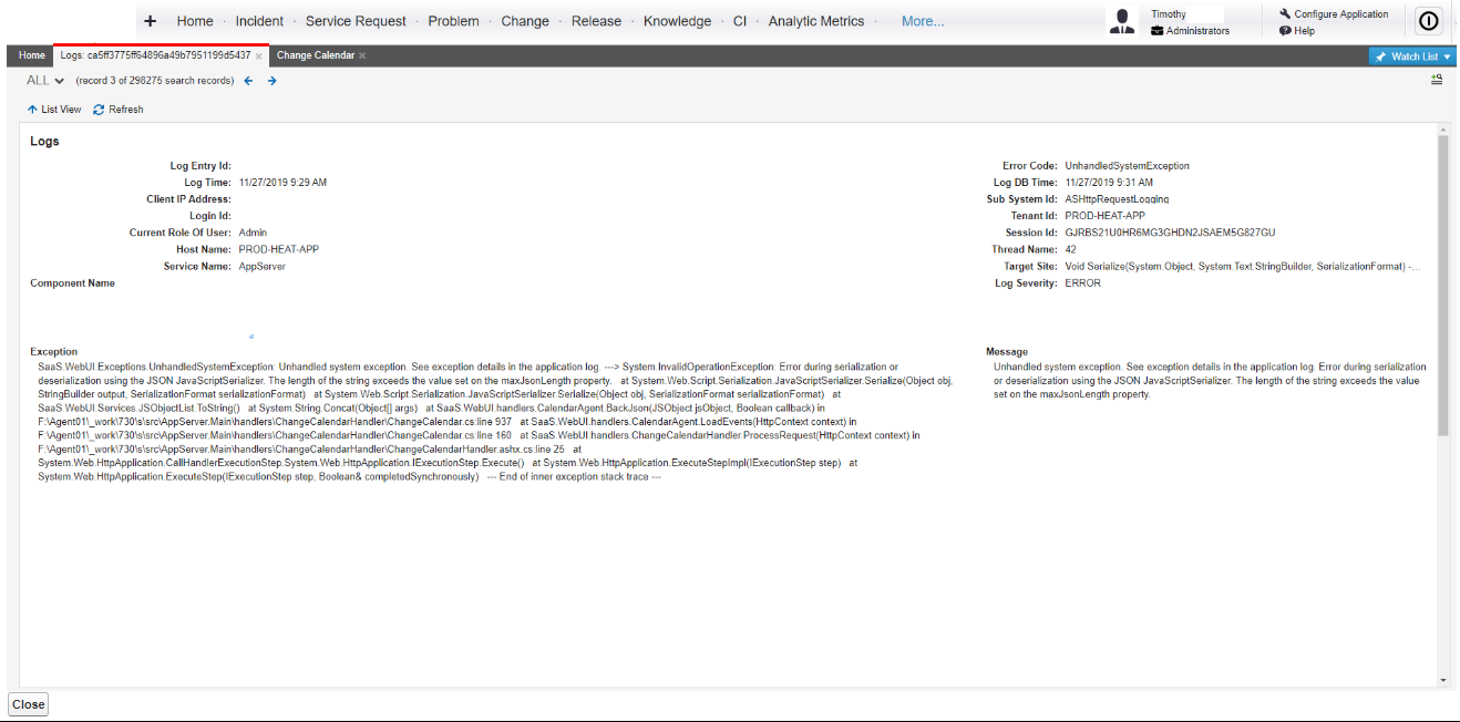 Change Calendar will not load - error " The length of the string exceeds the value set on the ...