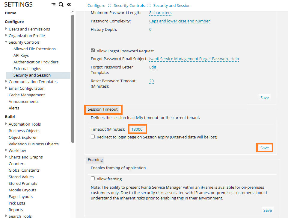How to modify the session timeout settings