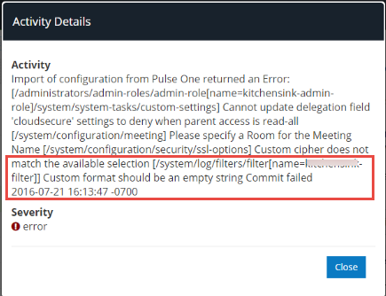 Pulse One Publishing Error “Publish Failed” Related to Custom Log Filter, Description and Solution