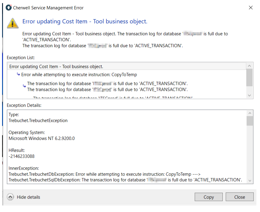 The transaction log for database xxxxx if full due to 'ACTIVE_TRANSACTION'