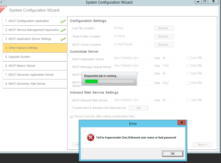 Error during install or upgrade - Fail to impersonate user, Unknown user name or bad password
