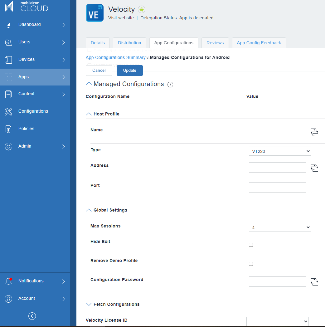 Distributing Velocity profile basic settings & Fetch configuration settings using MobileIron MDM